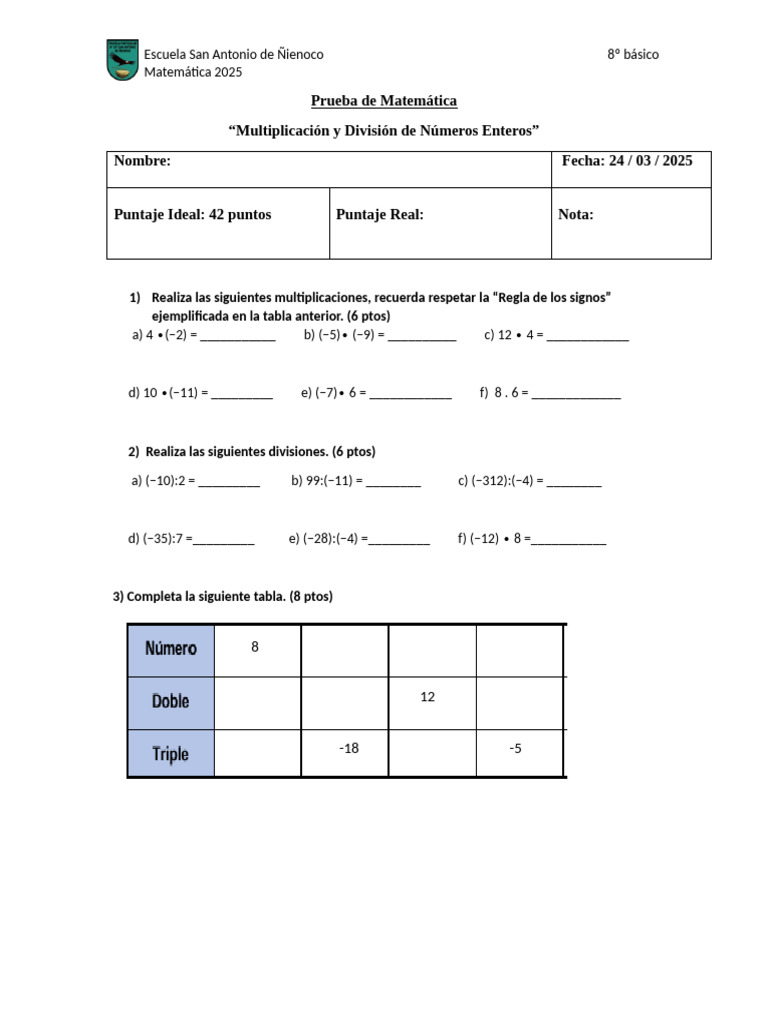 Prueba de Matemática Multiplicacion y Divison de Nuemros Enteros | PDF