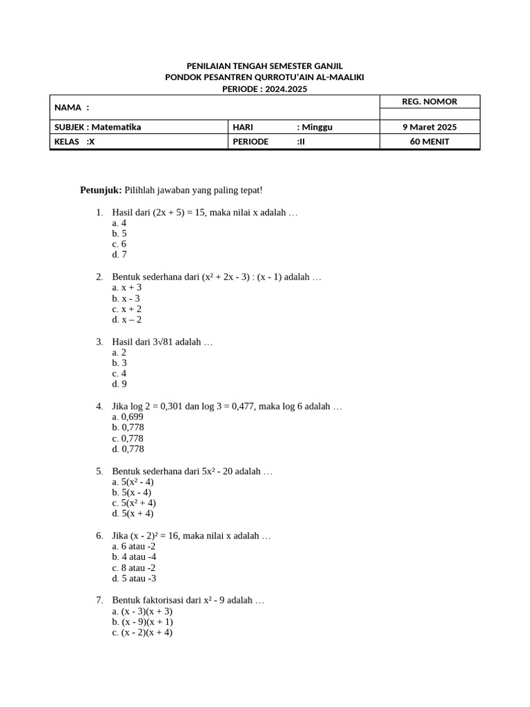 SOAL UTS Genap MTK KELAS 4 MTs.2024-2025 | PDF