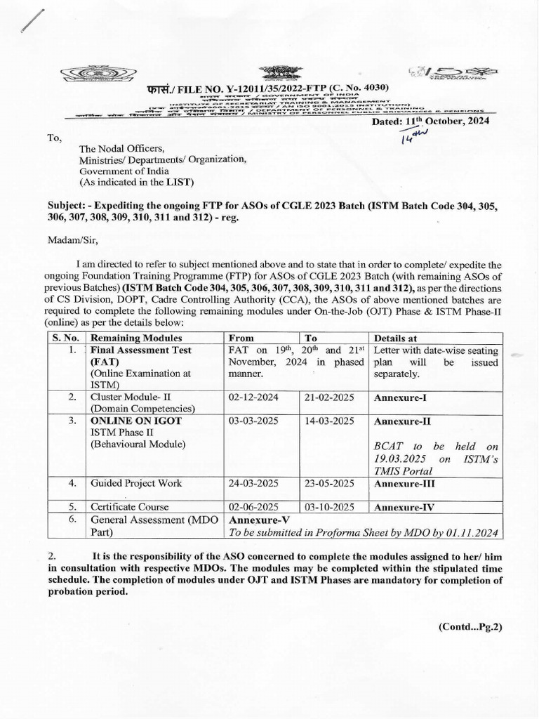 Expediting FTP of 2023 Batch (304 To 312) Letter DT 11 - 14-10-2024 ...