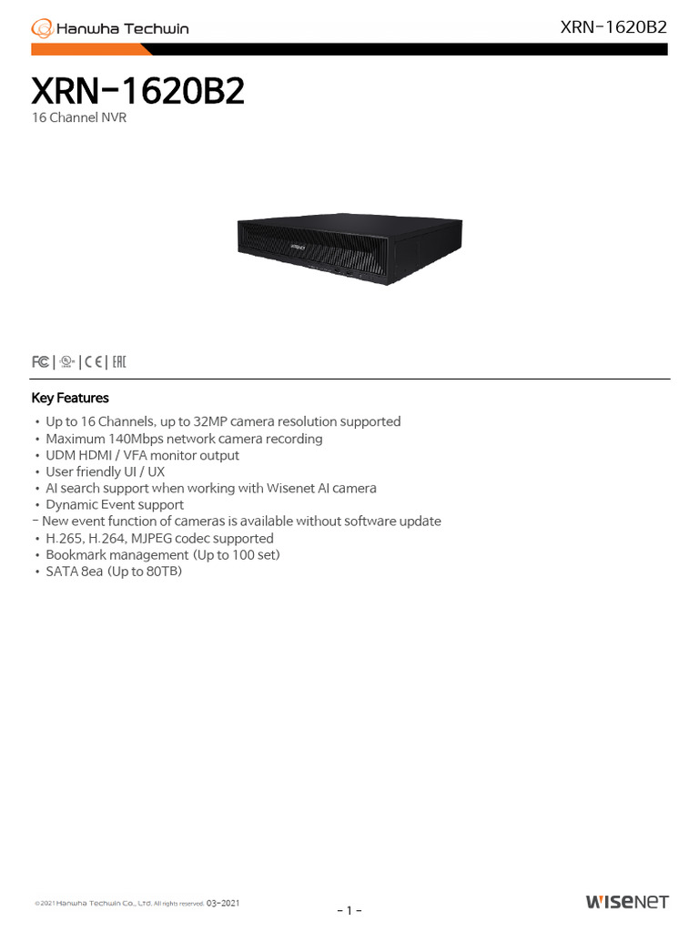 Hanwha XRN-1620B2 NVR Overview | PDF | Hdmi | Computer Network