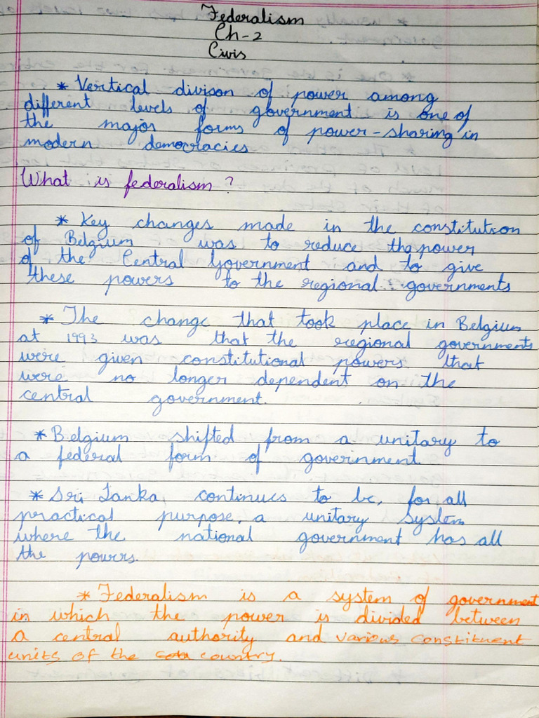 Hand Written Notes For Class 10 Social-Federalism CBSC Board | PDF ...