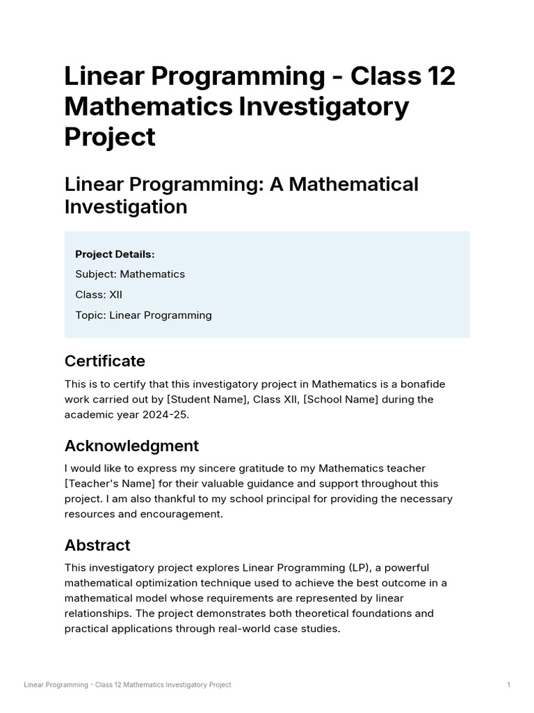 Linear Programming Project for Class 12 | PDF | Linear Programming | Mathematical Optimization