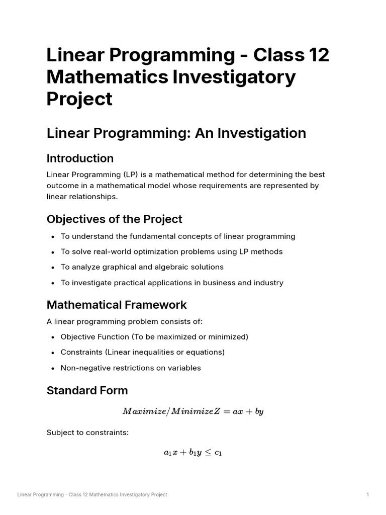 Linear Programming - Class 12 Mathematics Investigatory Project | PDF | Linear Programming ...