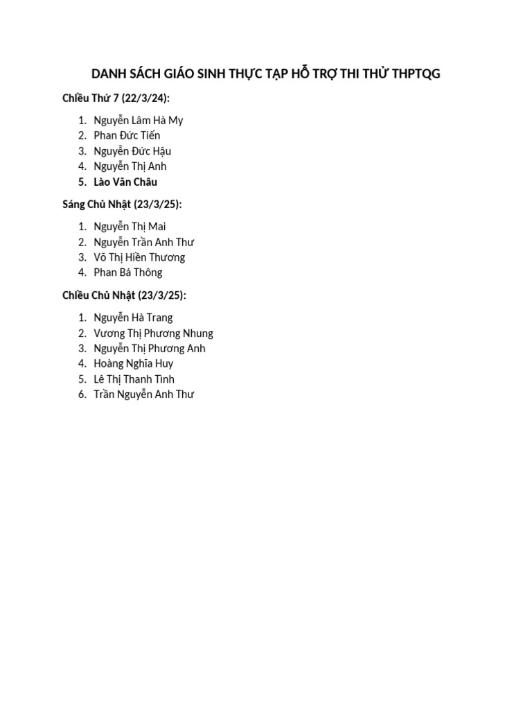 Danh Sách Giáo Sinh Thực Tập Hỗ Trợ Thi Thử Thptqg | PDF