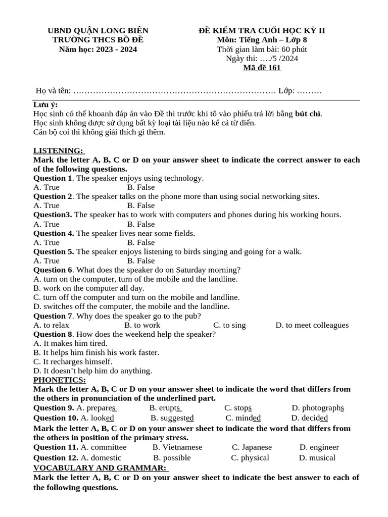 de-thi-anh-8-hk2_125202422 | PDF | Text Messaging | Communication