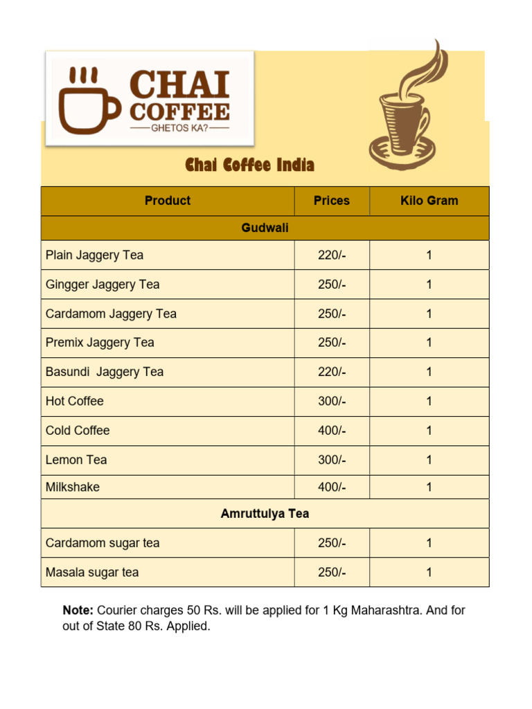 Price List - Chai Coffee India | PDF