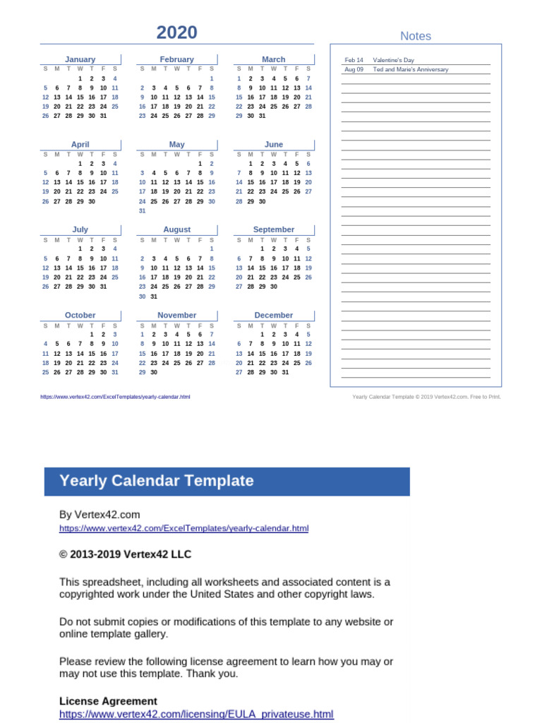 Yearly Calendar Notes Landscape Light | PDF