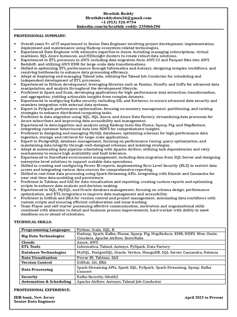 Hruthik Reddy - Senior Data Engineer | PDF | Apache Spark | Databases