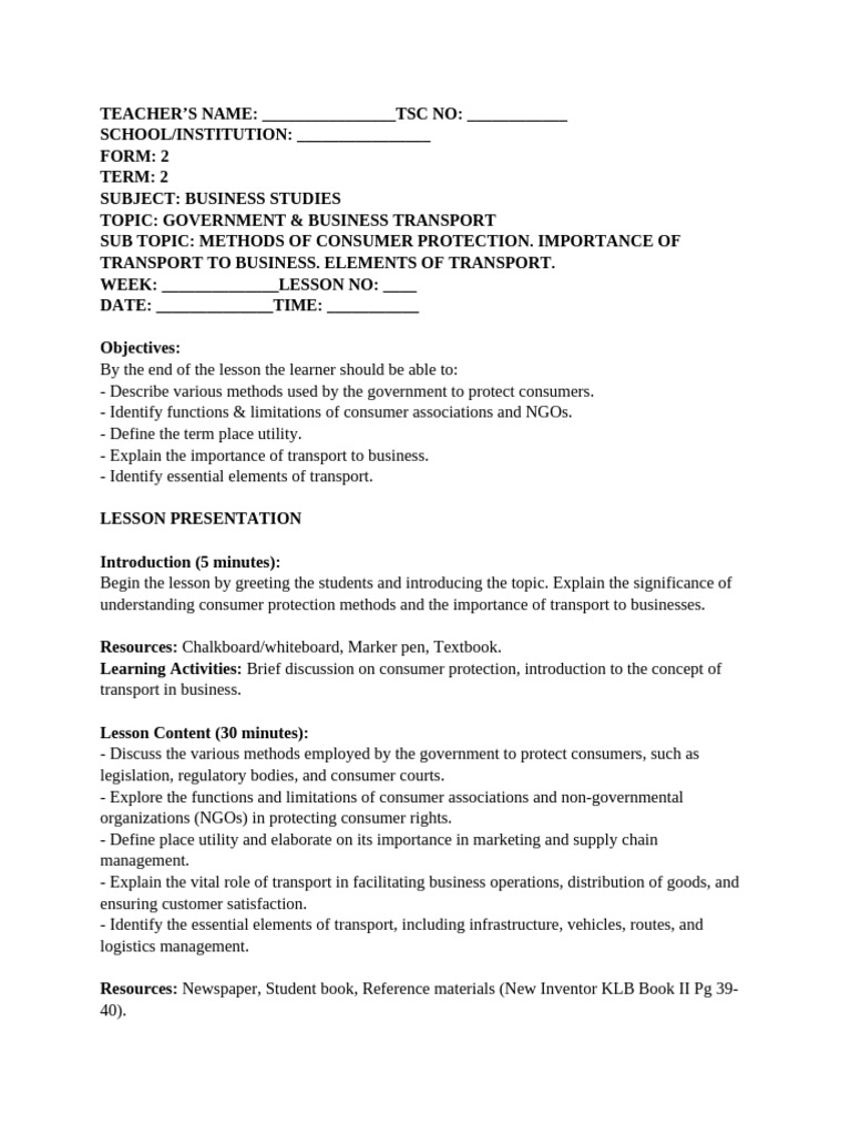 Form 2 Business Studies Lesson Plans Term 2 | PDF | Communication ...