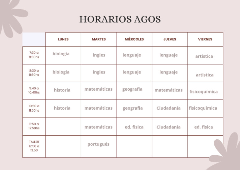 Horarios de Clase Semanal Escuela Flores Minimalista Violeta - 20250407 ...