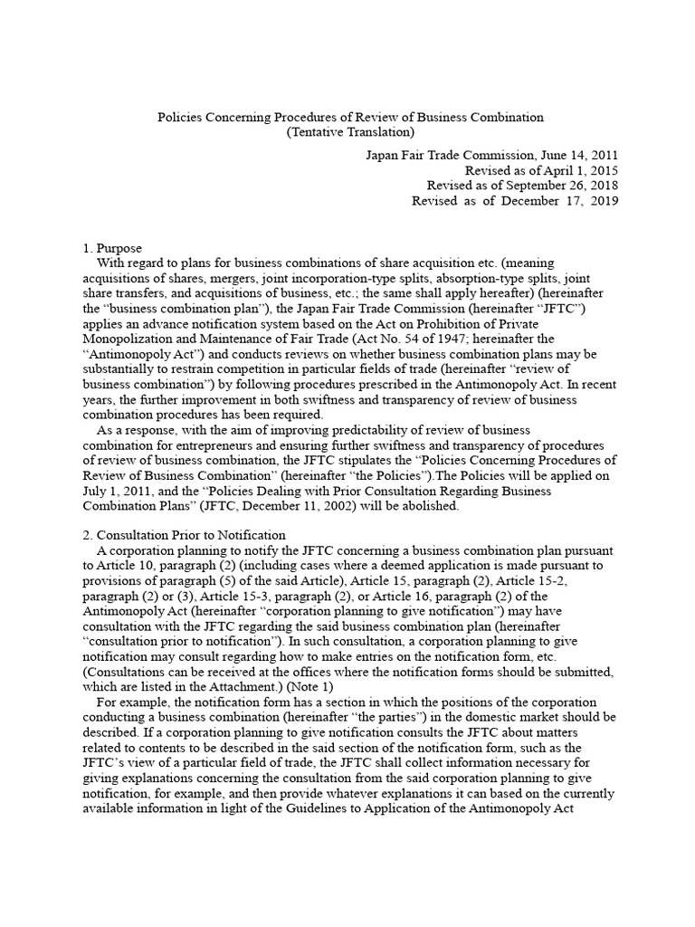 Business Combination Procedure - JFTC Guideline | PDF | Economies ...