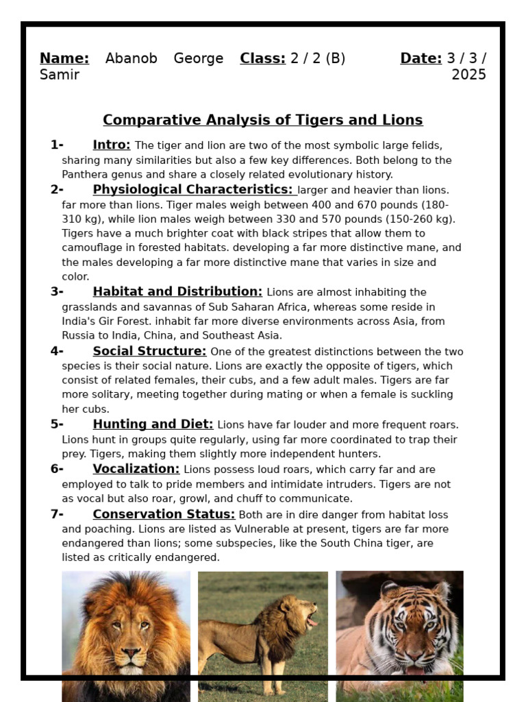 Tigers vs. Lions: Key Differences Explained | PDF