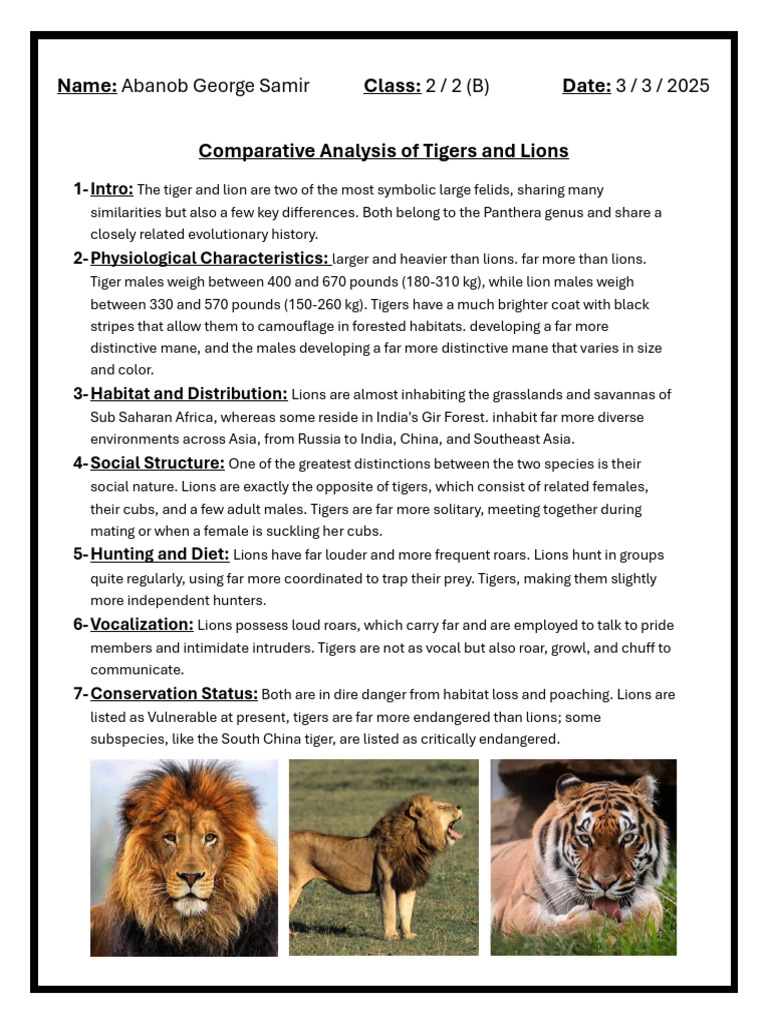 Tigers vs. Lions: Key Differences Explained | PDF