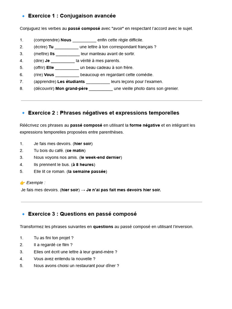 Exercices sur le passé composé avec avoir | PDF