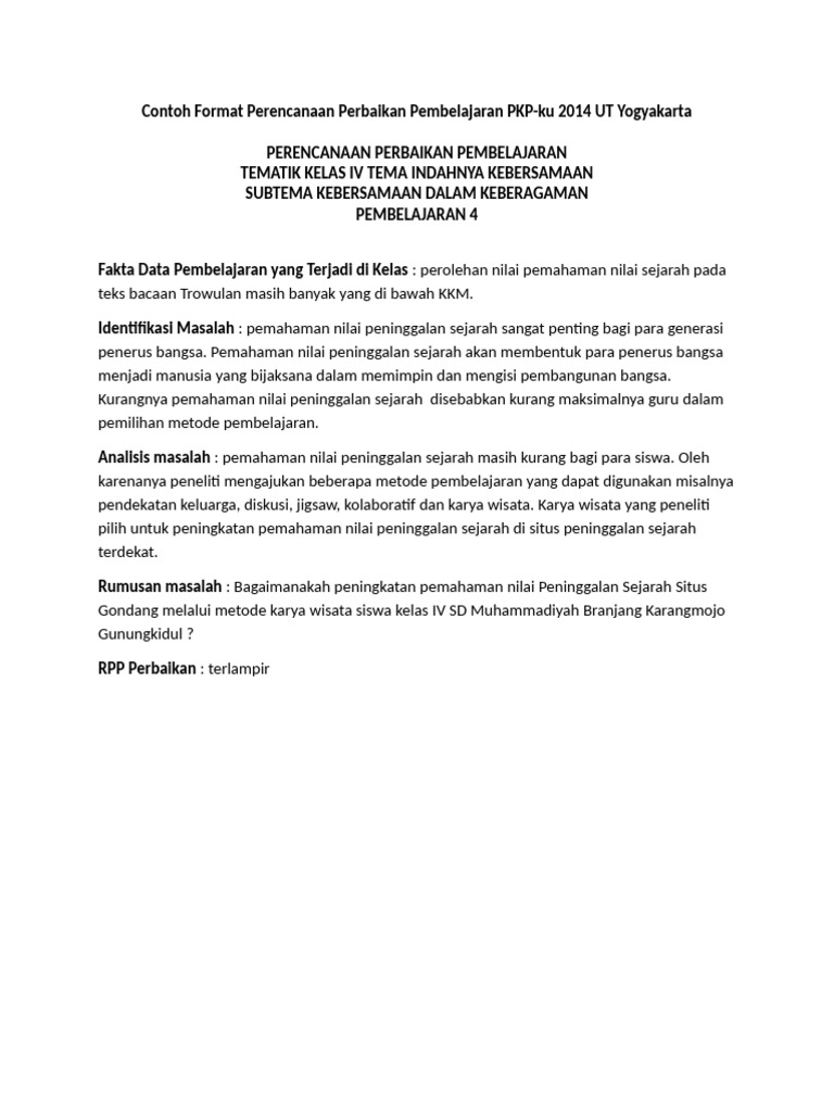 Contoh Format Perencanaan Perbaikan Pembelajaran PKP | PDF