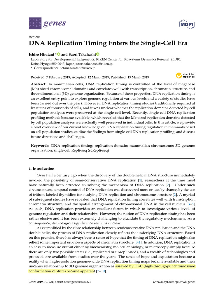 DNA Replication Timing Enters the Single-Cell Era | PDF | Dna | Dna Replication