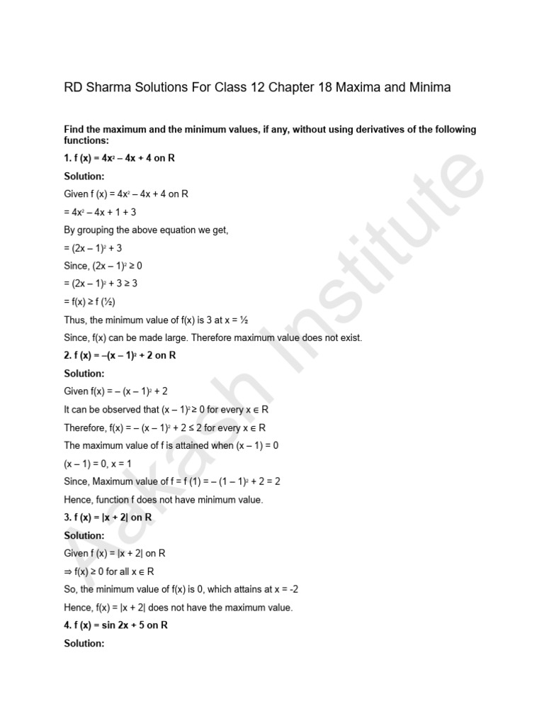 RD Sharma Solutions For Class 12 Chapter 18 Maxima and Minima | PDF ...