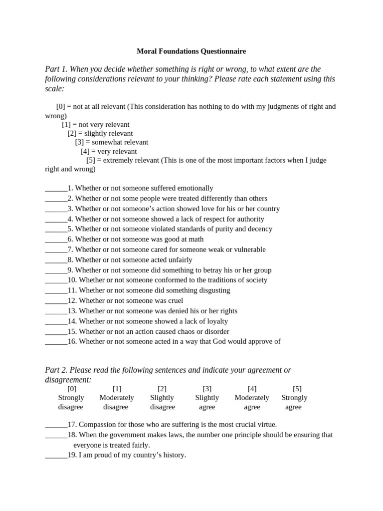 Moral Foundations Questionnaire | PDF | Social Psychology | Psychology
