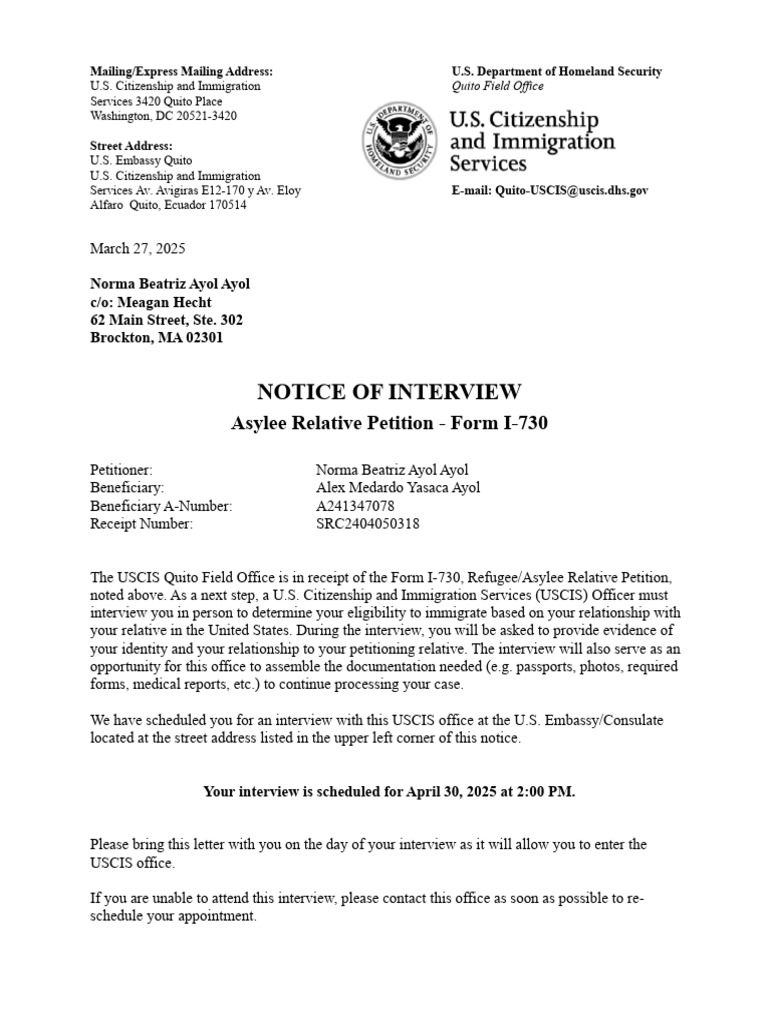 USCIS Quito Interview Notice for I-730 | PDF | Government And Personhood