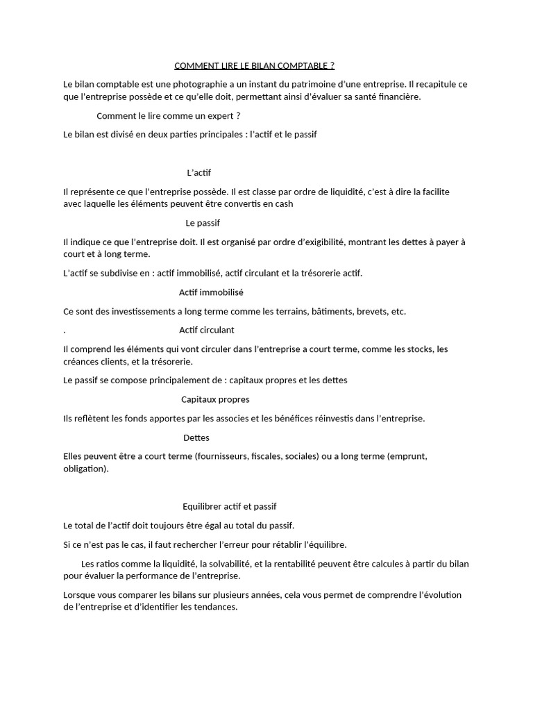 Lire et Comprendre le Bilan Comptable | PDF