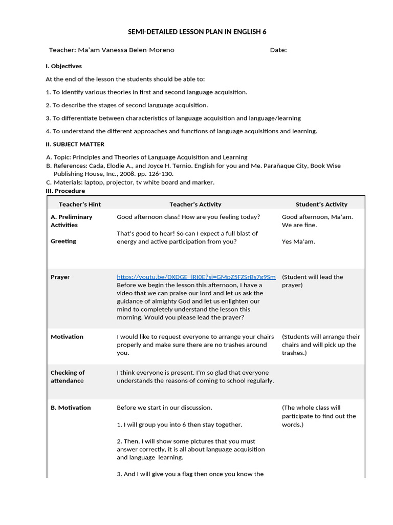 Language Acquisition Theories Lesson Plan | PDF