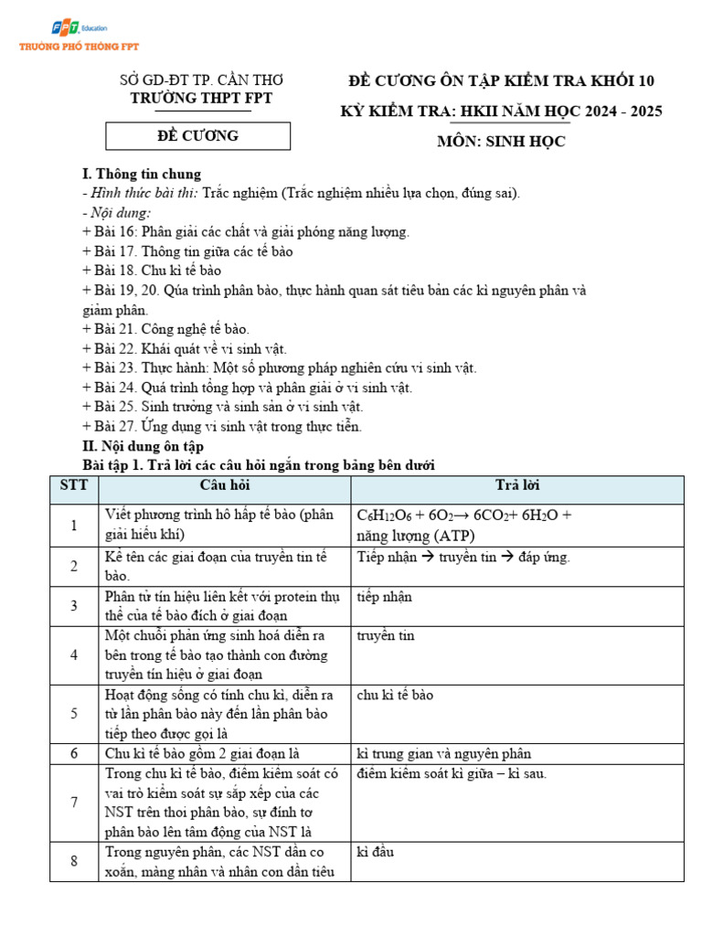 (K10-CK2) Đáp án đề cương môn Sinh học | PDF