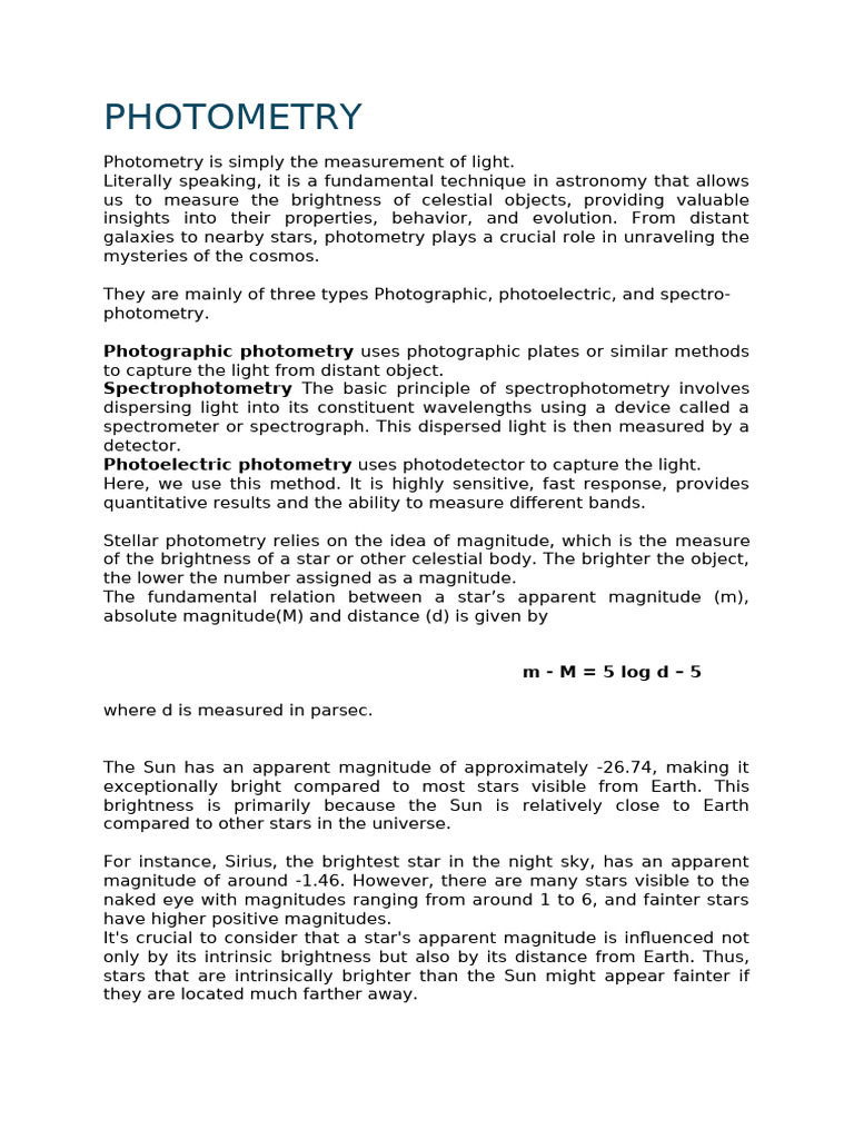 Understanding Photometry in Astronomy | PDF | Apparent Magnitude | Stars