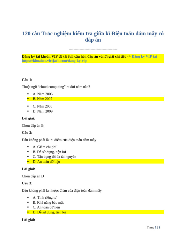 120 Cau Trac Nghiem Kiem Tra Giua Ki Dien Toan Dam May Co Dap An - 2025 - 04 - 25 | PDF