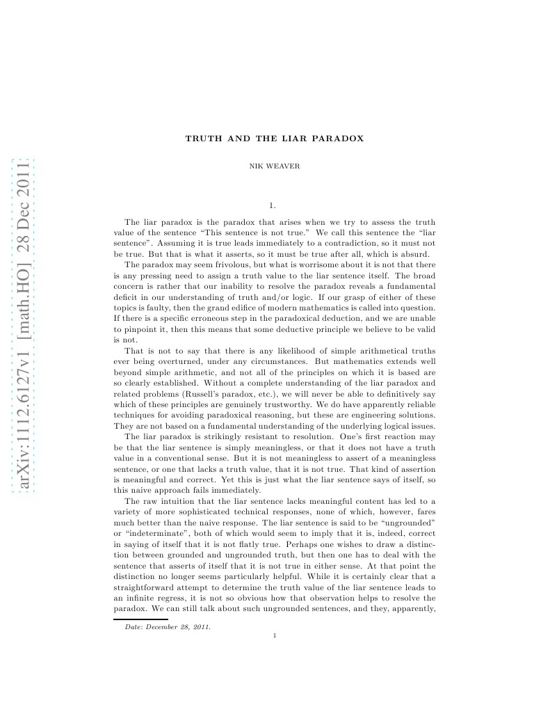 1112.6127v1 Truth and the Liar Paradox | Truth | Mathematical Proof