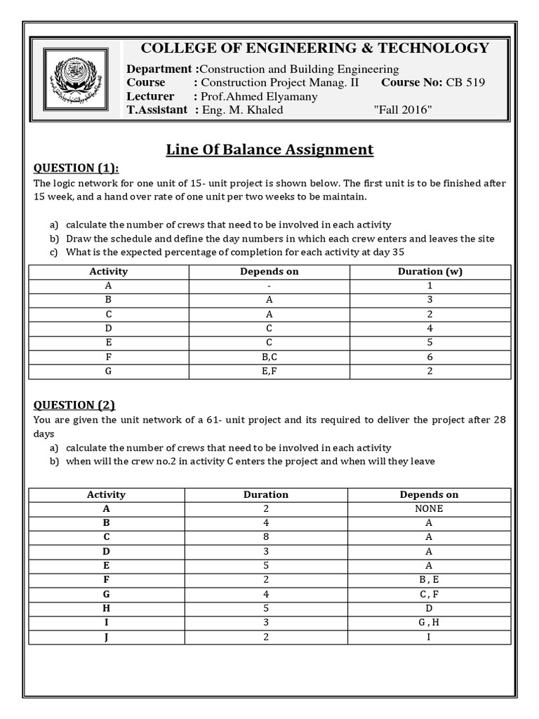 Assignment (Line of Balance) | PDF