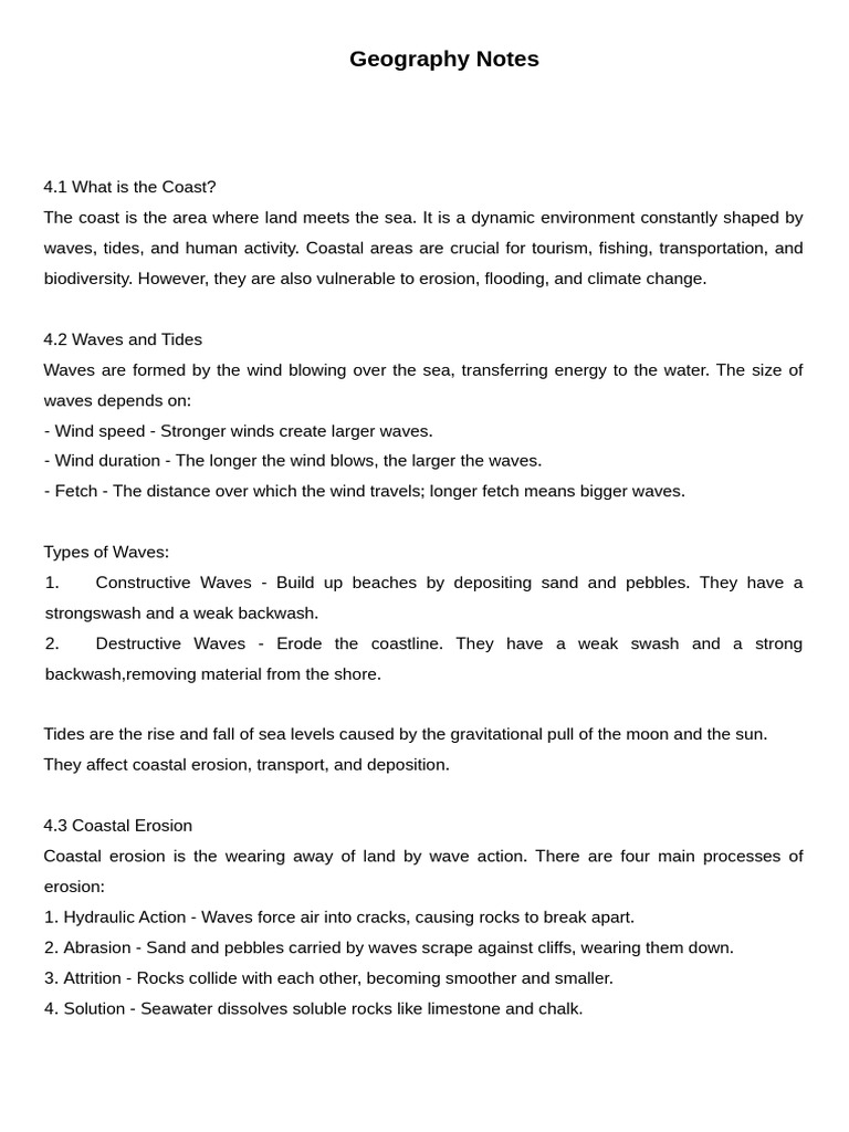 Unit 4_Coasts_500_Word_Notes | PDF | Coast | Erosion