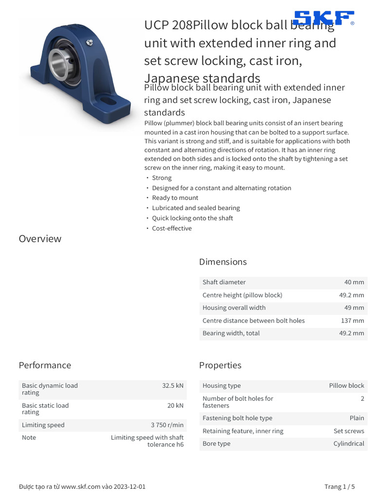 SKF UCP 208pillow Block Ball Bearing Unit With Extended Inner Ring and Set Screw Locking, Cast ...