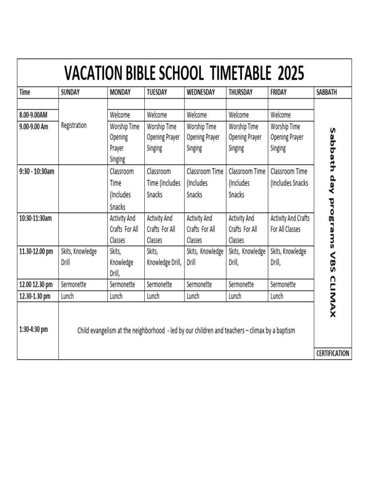 Vacation Bible School Timetable 2025 | PDF