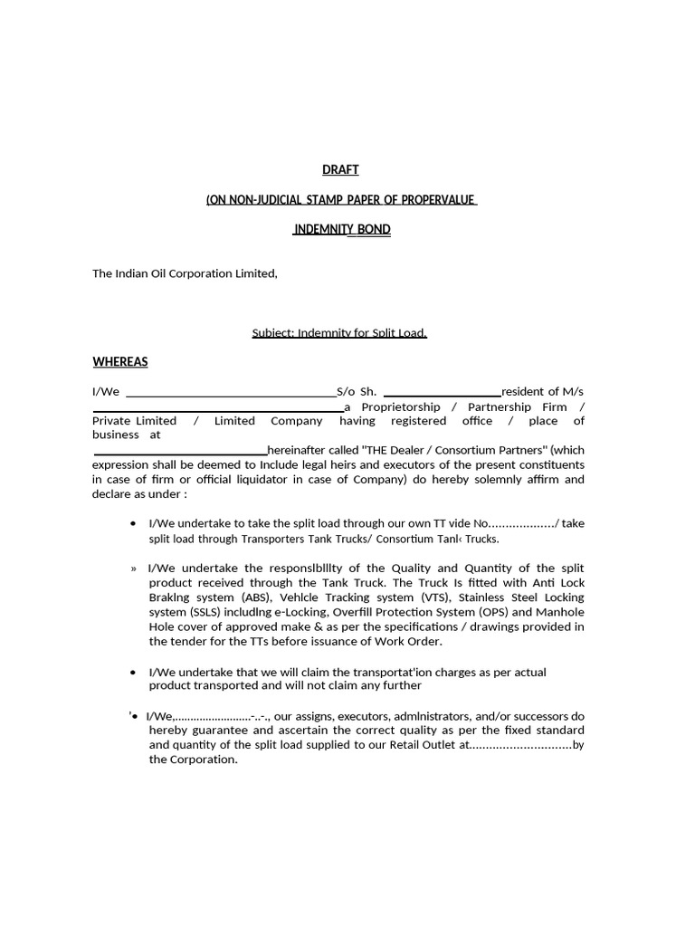 Split Load Indemnity | PDF | Indemnity | Private Law