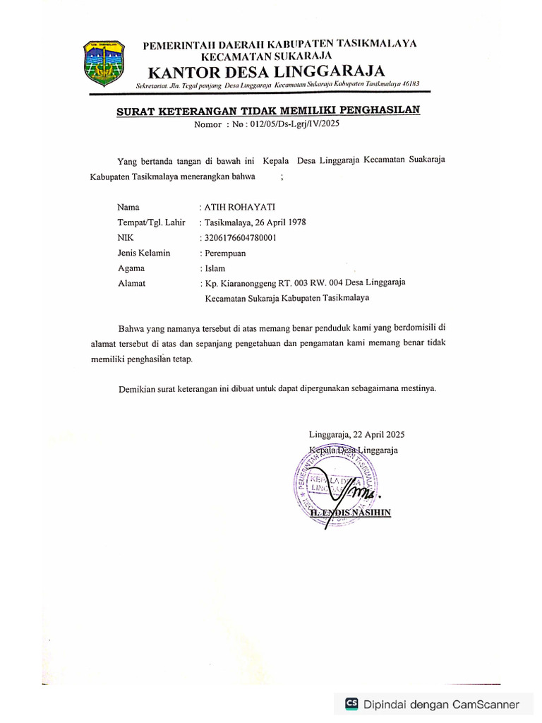 Suket Tidak Memiliki Penghasilan | PDF