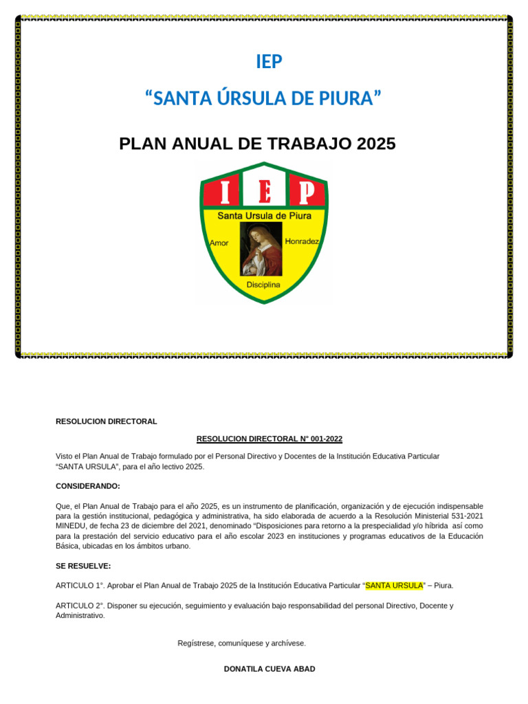 Plan Anual de Trabajo 2025 IEP Santa Úrsula | PDF | Enseñando | Escuelas