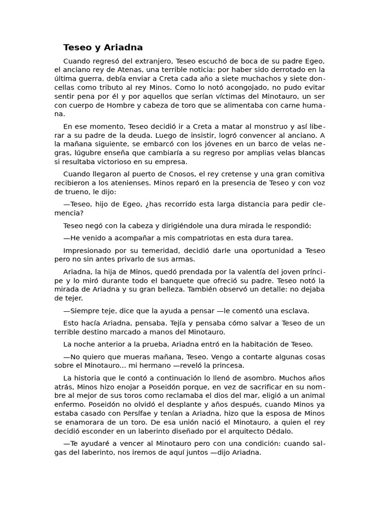 Teseo y Ariadna: Mito Griego Resumido | PDF | Minotauro | Teseo