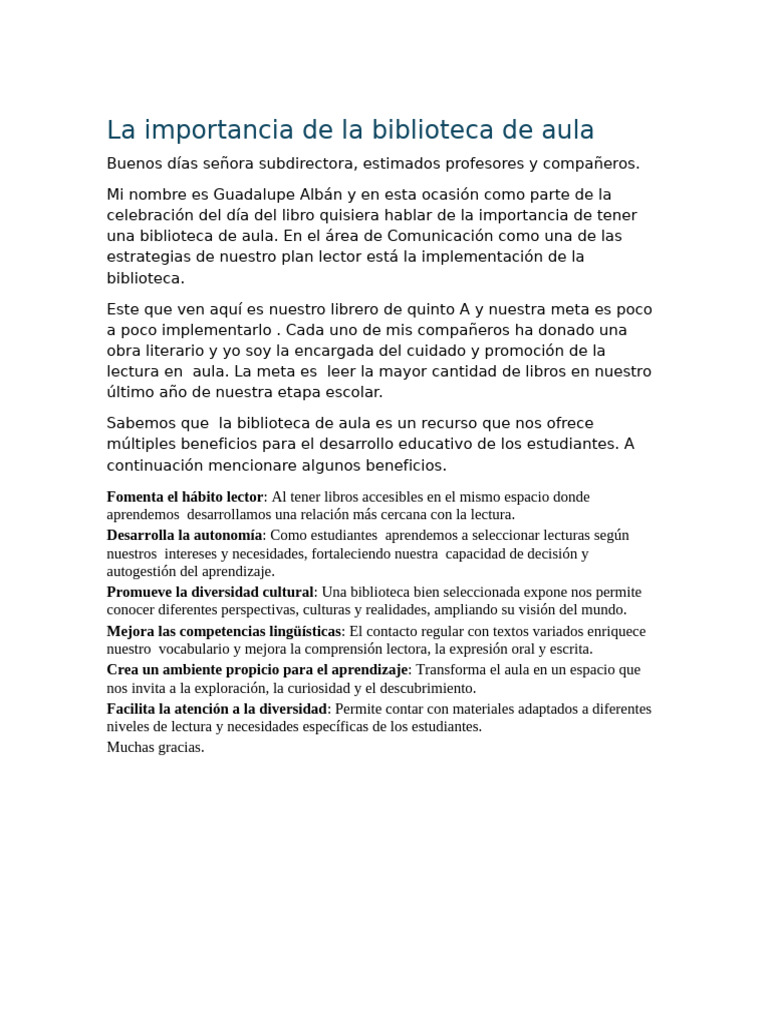 La Importancia de La Biblioteca de Aula | PDF