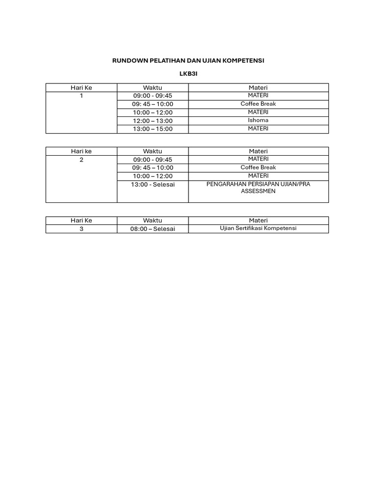Rundown Pelatihan Dan Ujian Kompetensi Lkb3i Ppa | PDF