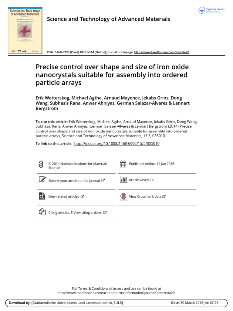 2014 Precise Control Over Shape and Size of Iron Oxide | PDF | Nanoparticle | Materials
