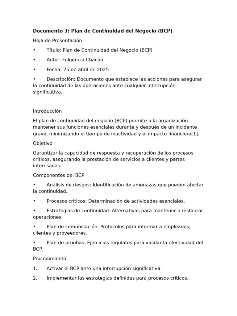 Documento 3 Plan de Continuidad del Negocio (BCP) | PDF