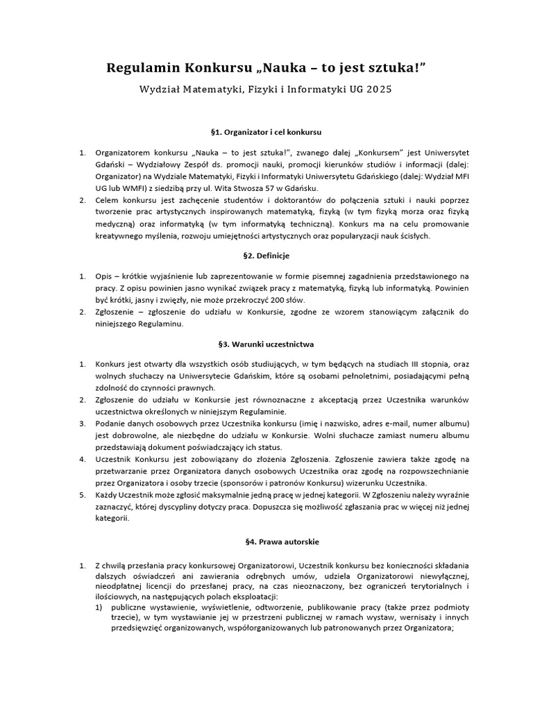 Regulamin Konkursu Sci Art 2025 | PDF