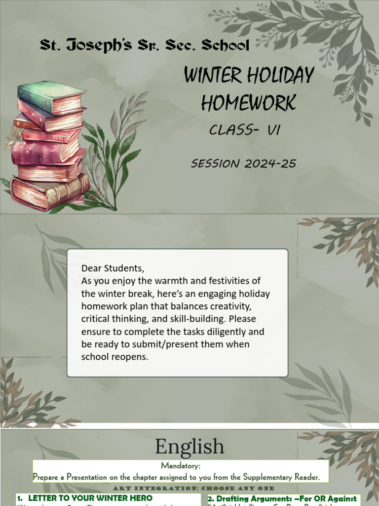 Class VI Winter Holiday Homework 2024-25 | PDF