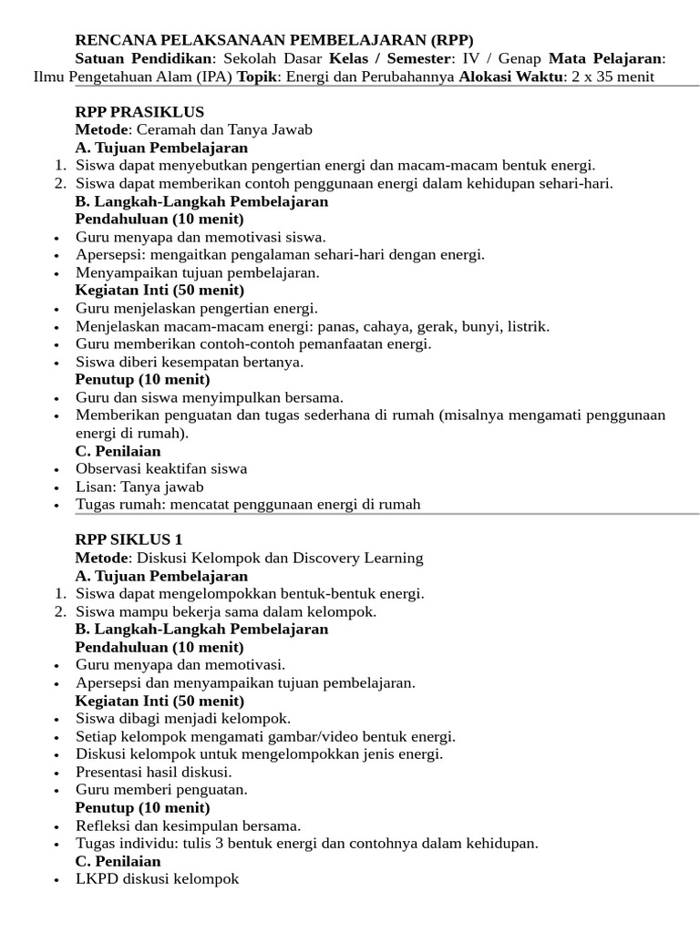 RPP Singkat IPA Kelas IV: Energi | PDF