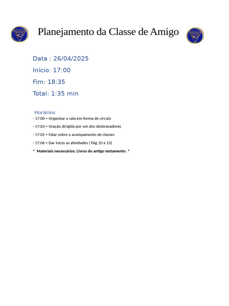 Planejamento Classe de Amigo | PDF