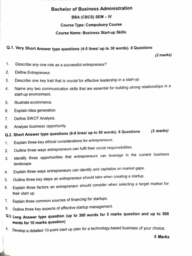 BSS Sample Question Paper | PDF | Entrepreneurship | Startup Company