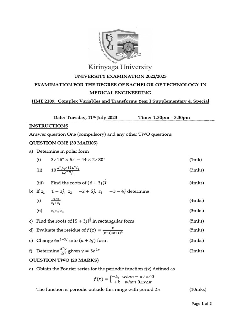 HME 2109 Complex Variables and Transforms Year I Supplementary & Special | PDF | Functions And ...