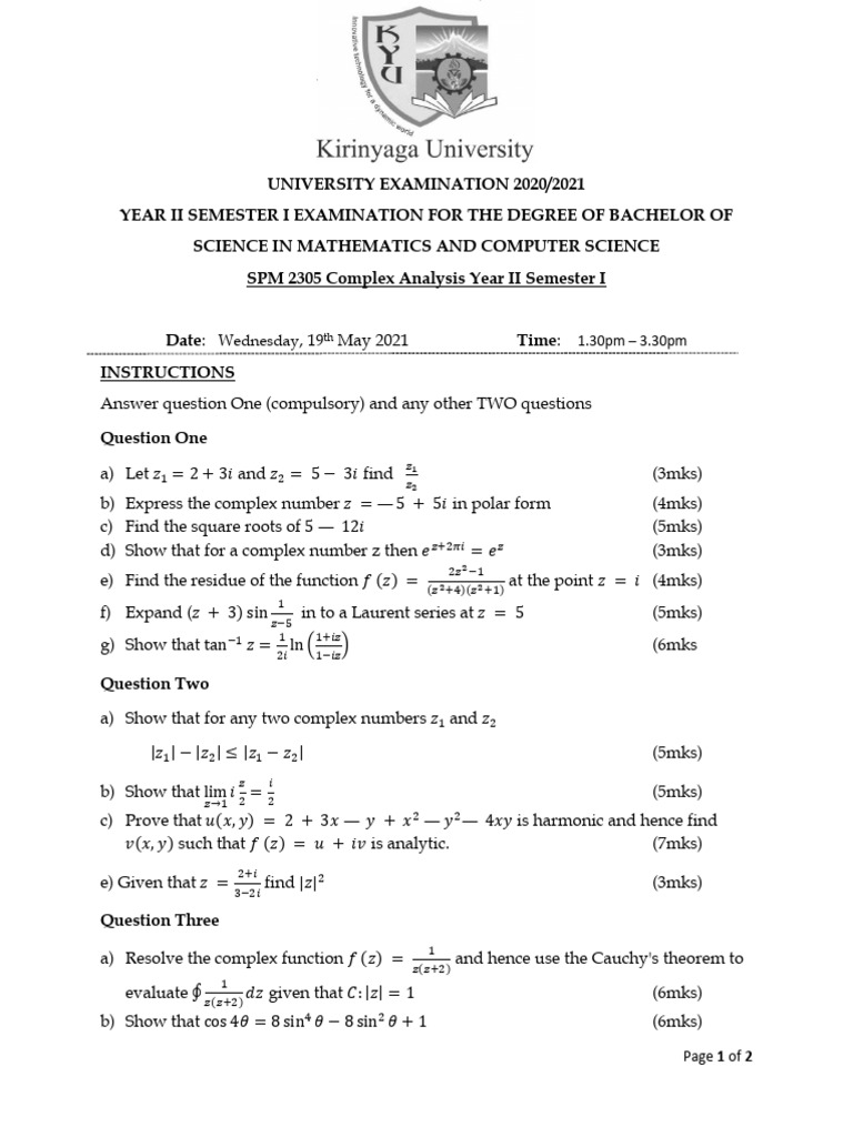 SPM 2305 Complex Analysis Year II Semester I | PDF | Functions And Mappings | Calculus