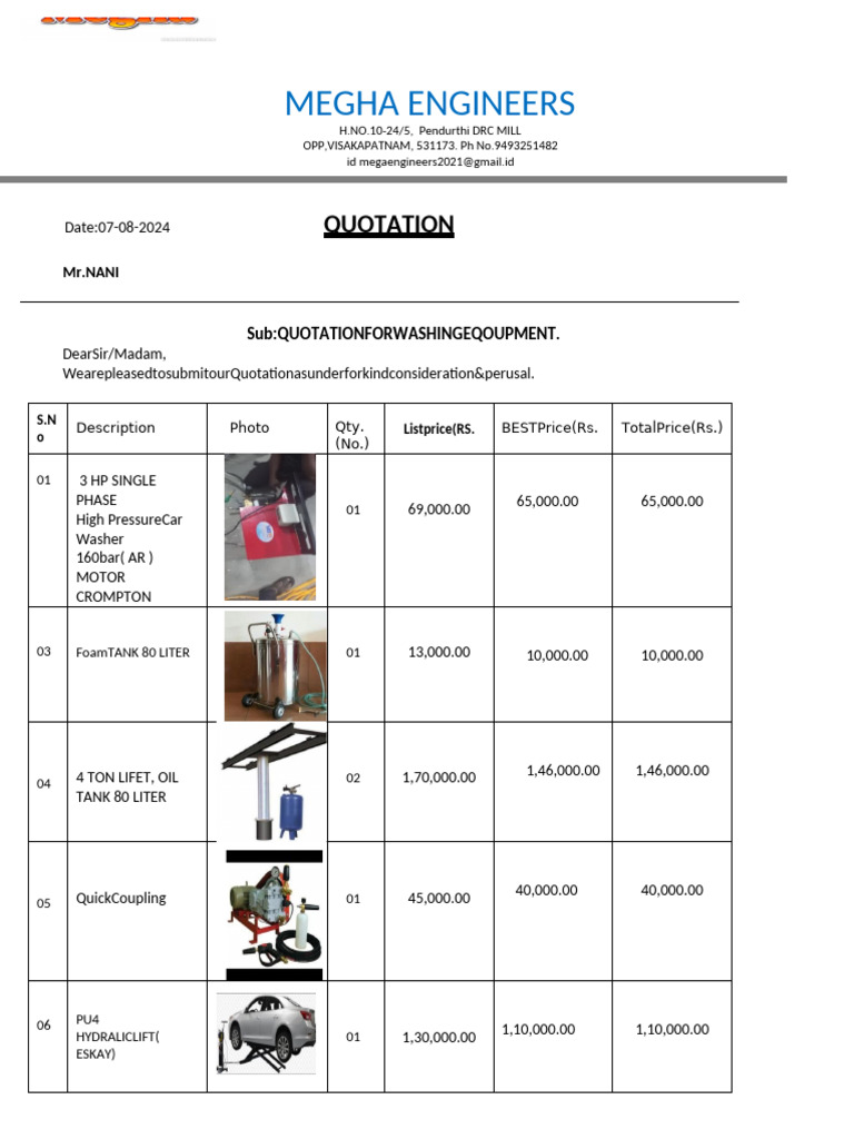 Car Wash Lift All Quotation | PDF