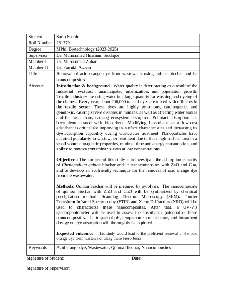 Sarib Shahid MS Biotechnology | PDF | Adsorption | Sewage Treatment